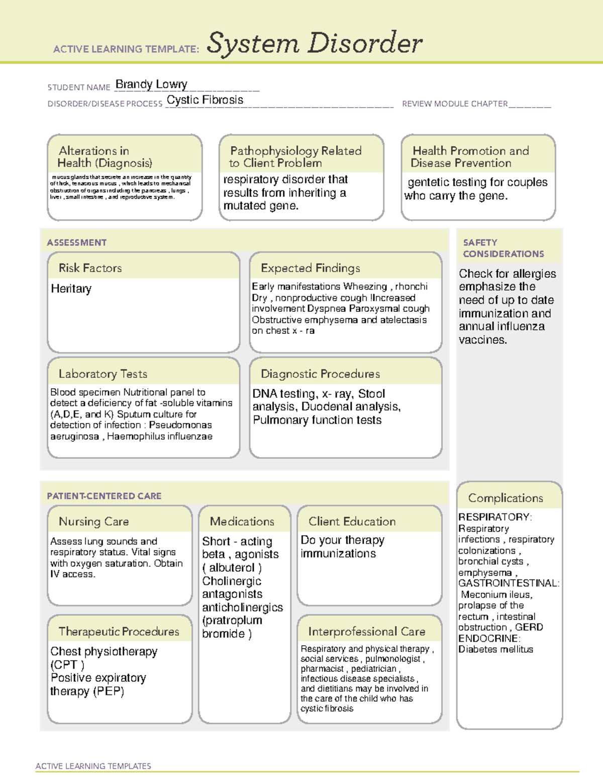 ALT System Disorder - Cystic Fibrosis Overview & Nursing Care - Studocu