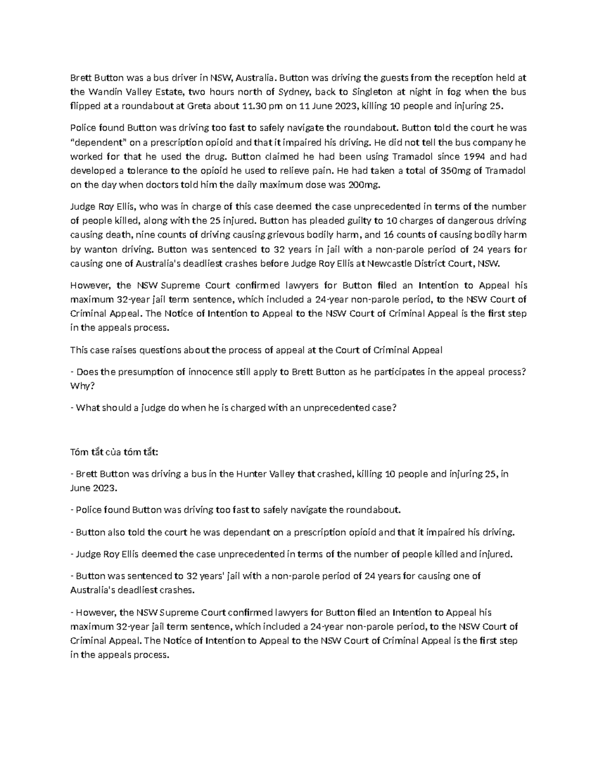 Case Study: Brett Button's Bus Crash Incident - Legal Implications - Studocu