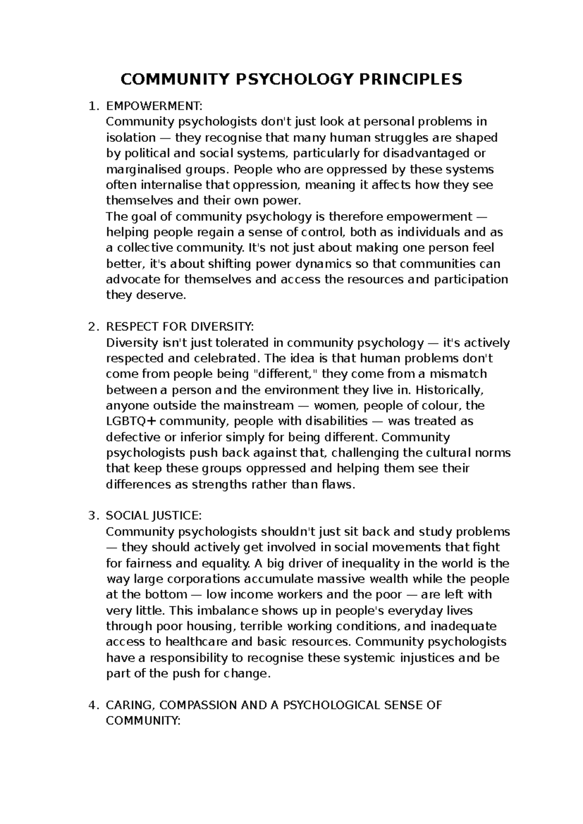 COMMUNITY PSYCHOLOGY PRINCIPLES: EMPOWERMENT & SOCIAL JUSTICE - Studocu