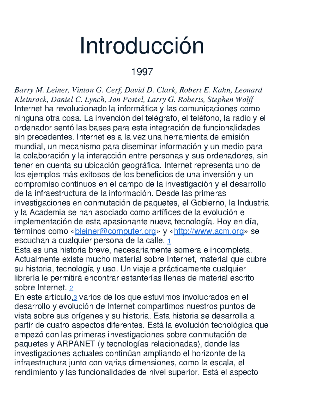 Breve historia de Internet - Introducción 1997 Barry M. Leiner, Vinton ...