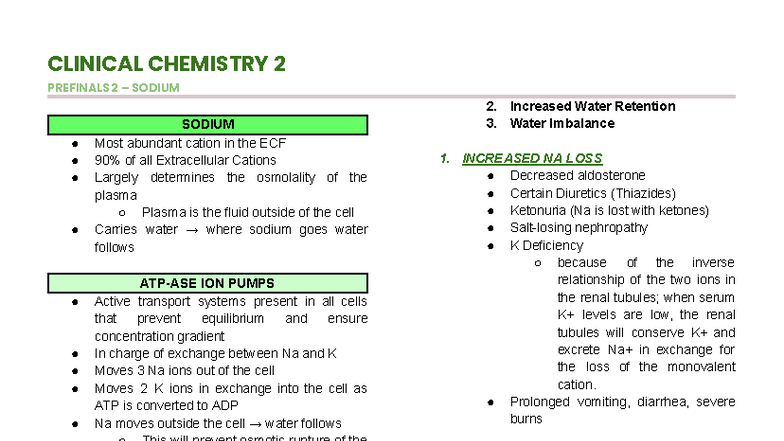 CLINICAL CHEMISTRY 2 PREFINALS: SODIUM REGULATION & IMBALANCE - Studocu