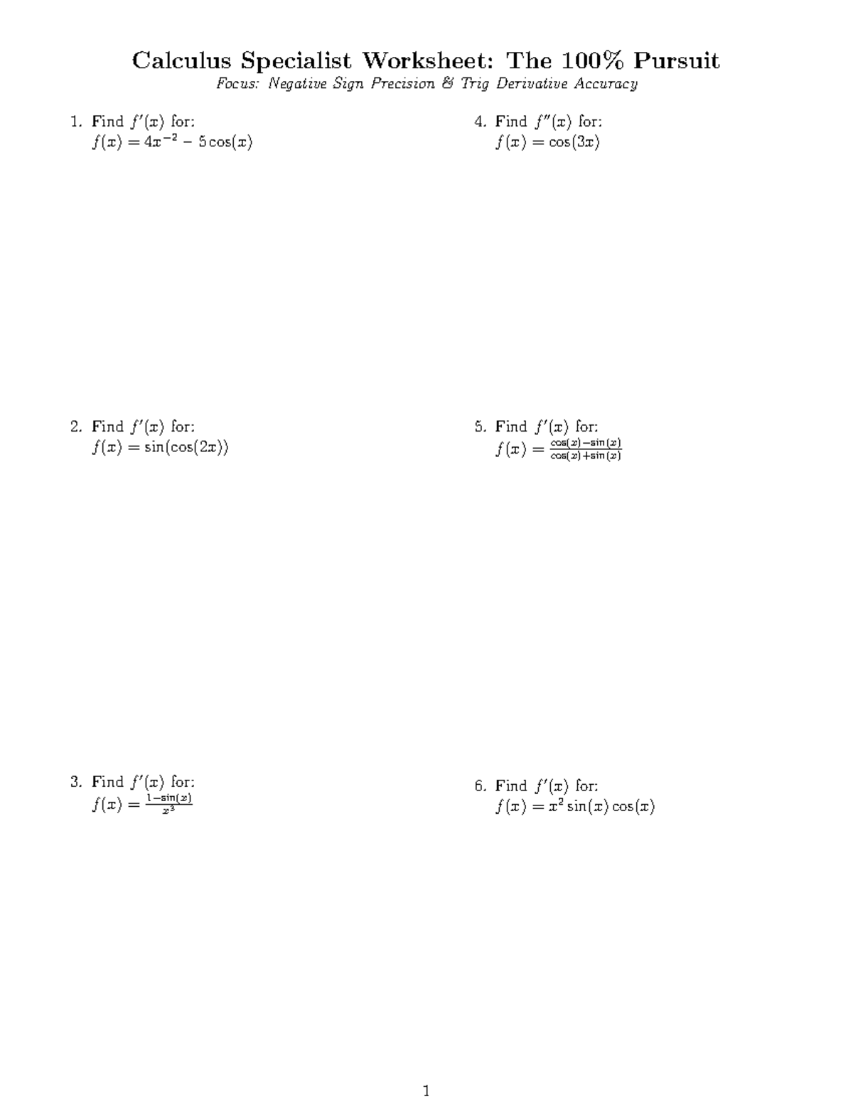 Calculus (MATH101) Derivatives Worksheet: Trig & Polynomial Functions ...