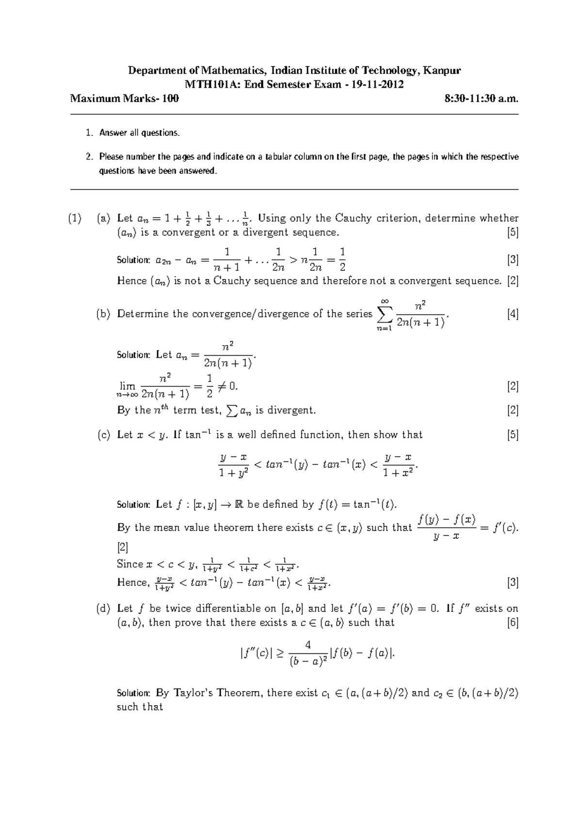 MTH101 End-sem past exam papers - Department of Mathematics, Indian ...