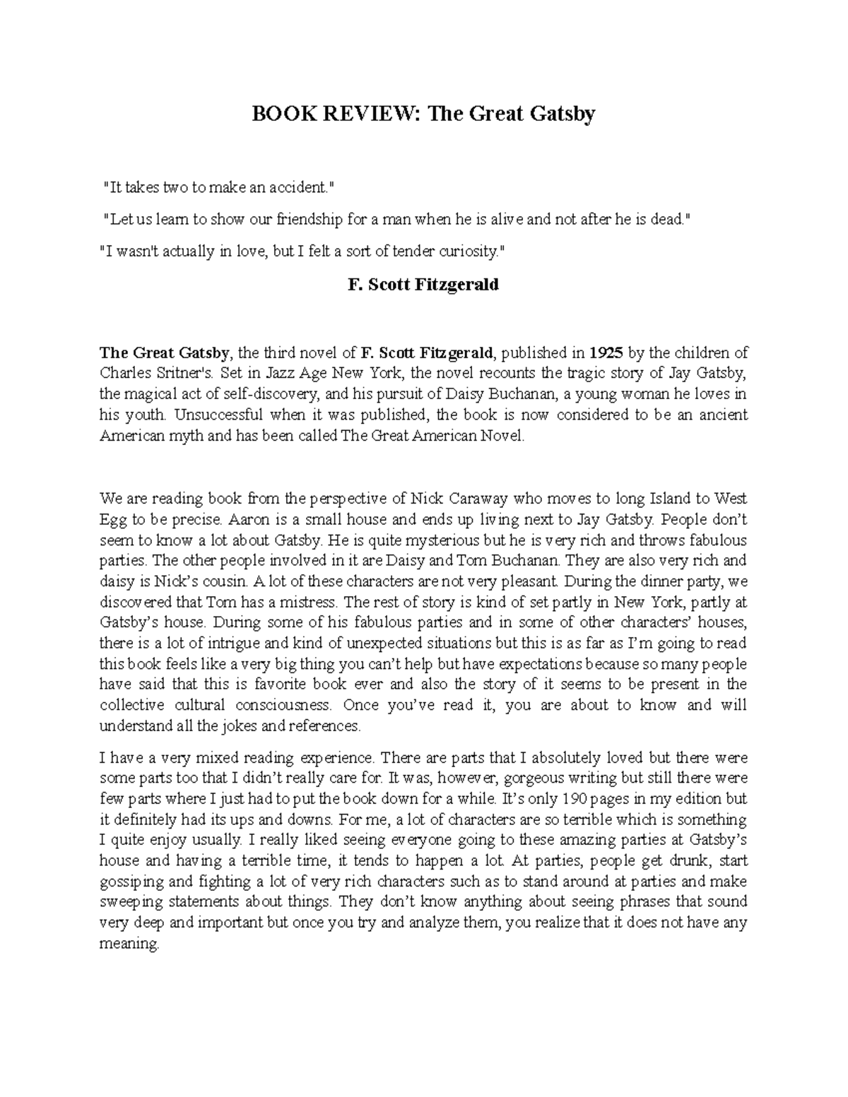 BOOK Review - The Great Gatsby - BOOK REVIEW: The Great Gatsby "It ...