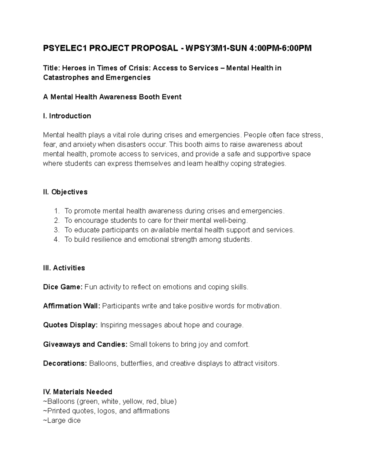 PSYELEC1 Project Proposal: Mental Health Awareness Booth Event - Studocu
