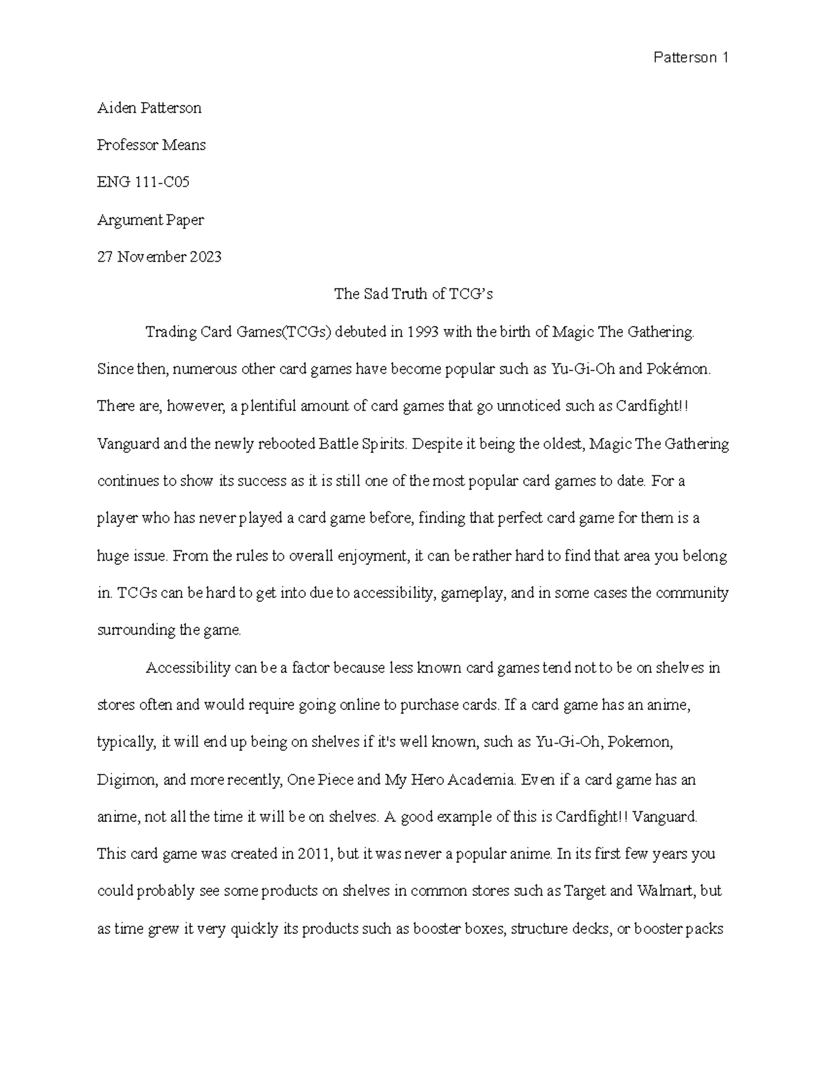 ENG 111-C Argument Paper: The Truth About Trading Card Games - Studocu