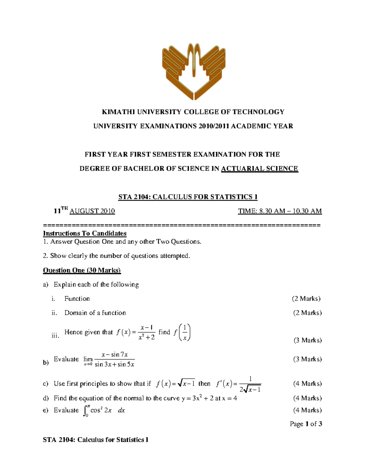 STA 2104: Calculus for Statistics I Past Exam Paper - Studocu