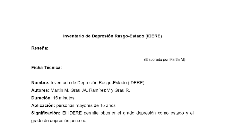 IDERE: Inventario de Depresión - Reseña y Ficha Técnica - Studocu