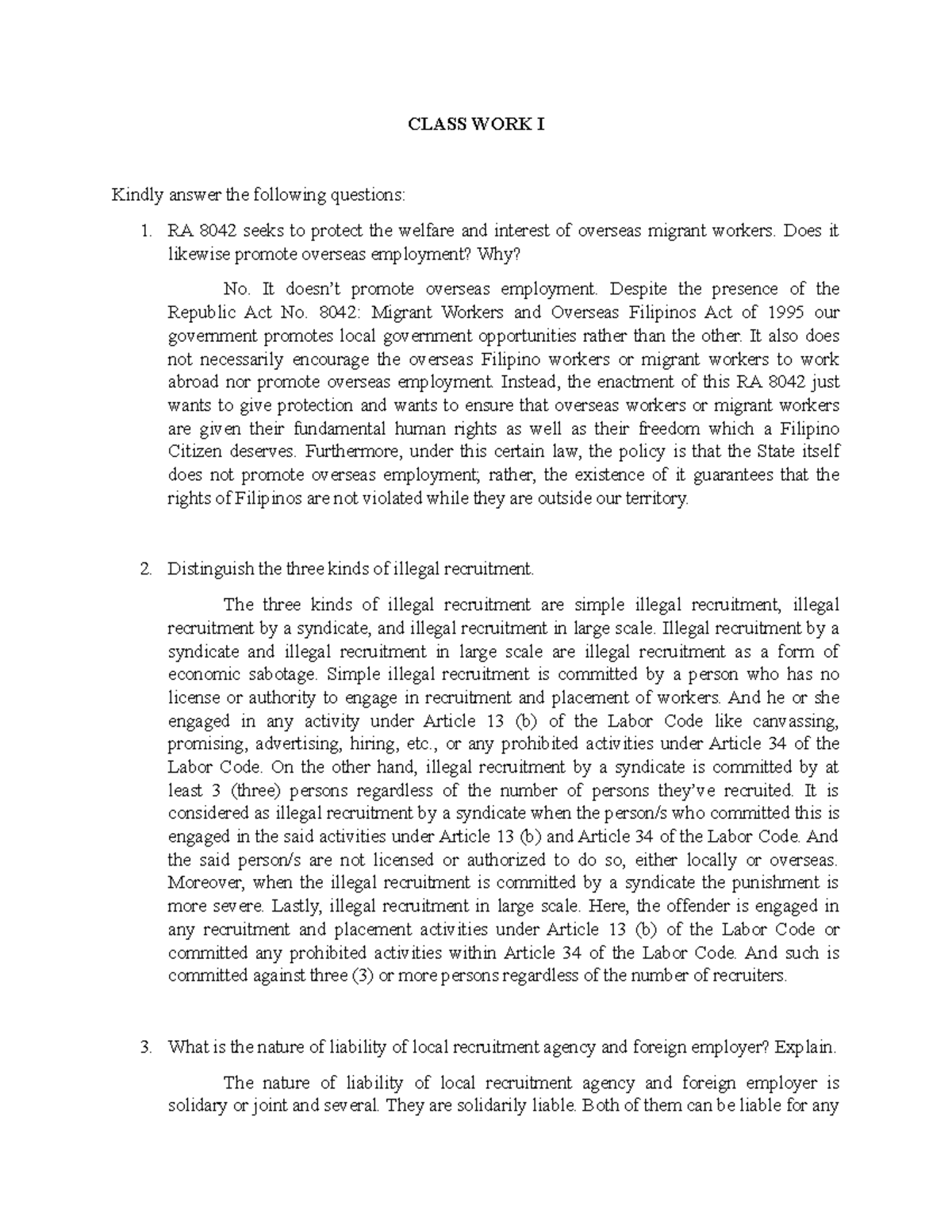 Labor Law Class Work I - CLASS WORK I Kindly answer the following ...