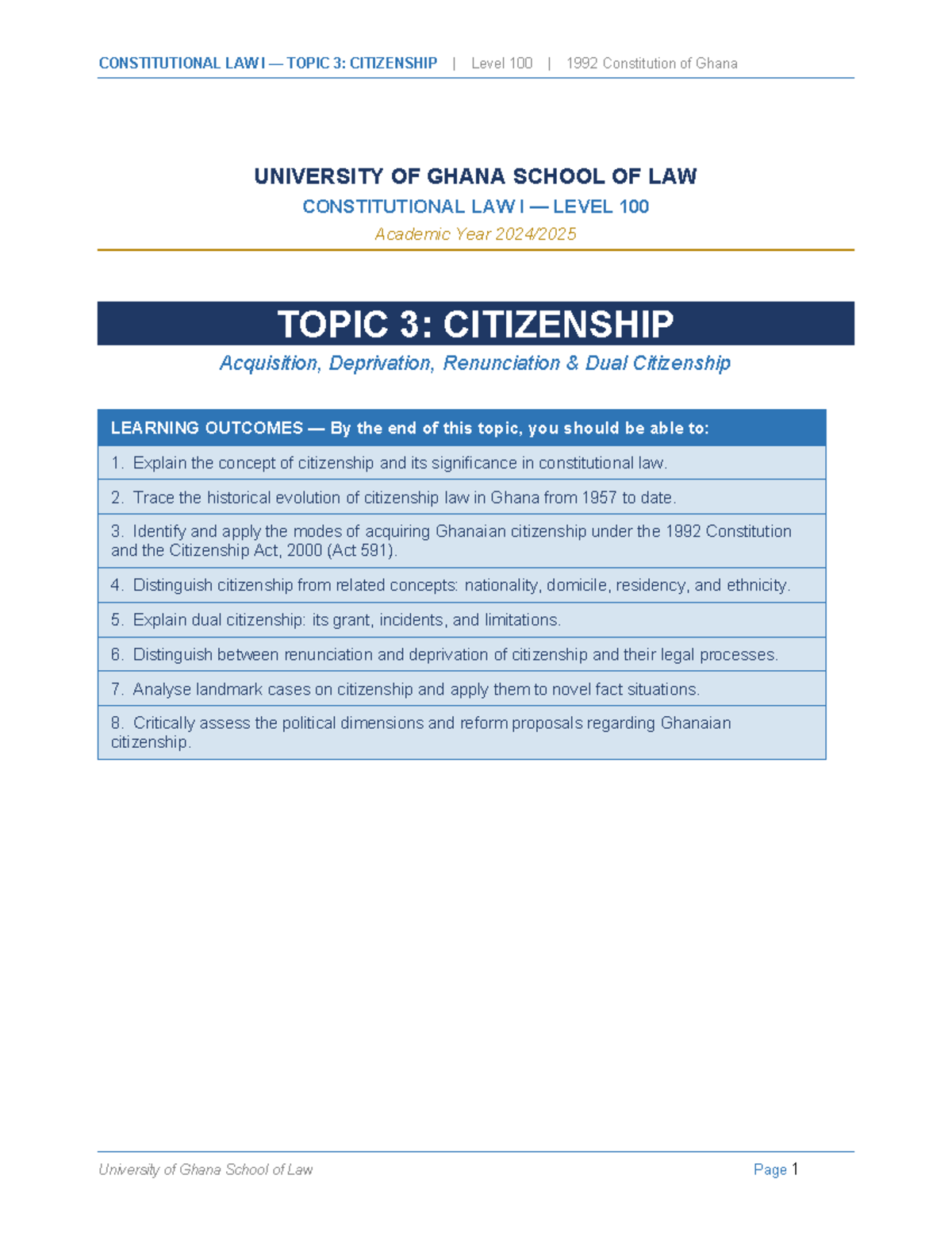 CONSTITUTIONAL LAW I: CITIZENSHIP TOPIC 3 - Level 100 Notes - Studocu