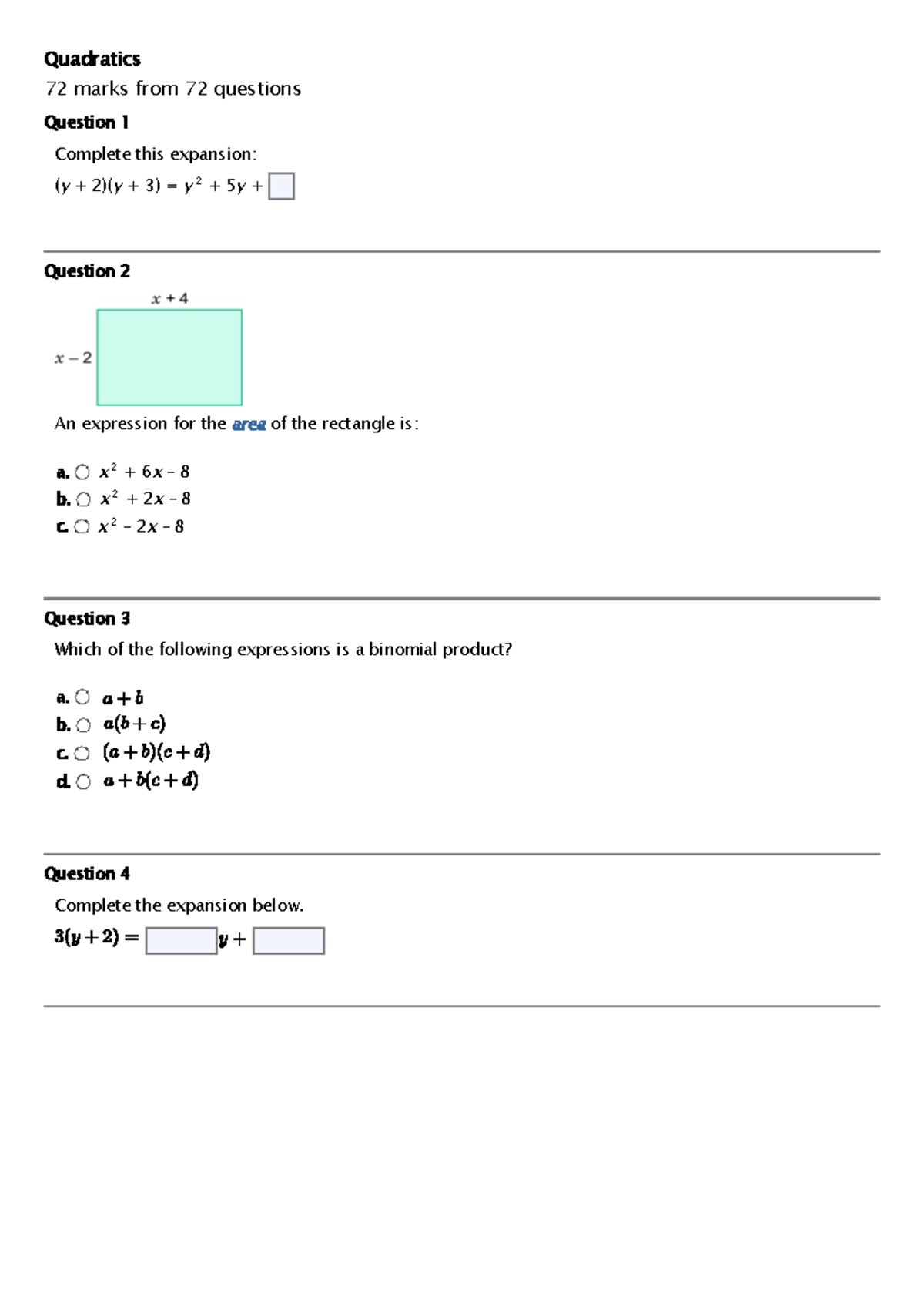 Quadratics Practice Test: 72 Marks from 72 Questions - Studocu