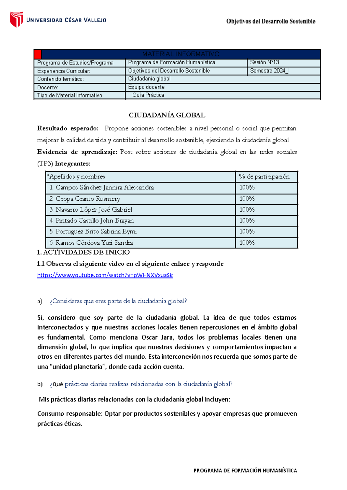 Guía Práctica N° 13 - Ciudadanía Global y ODS 2024_I - Studocu