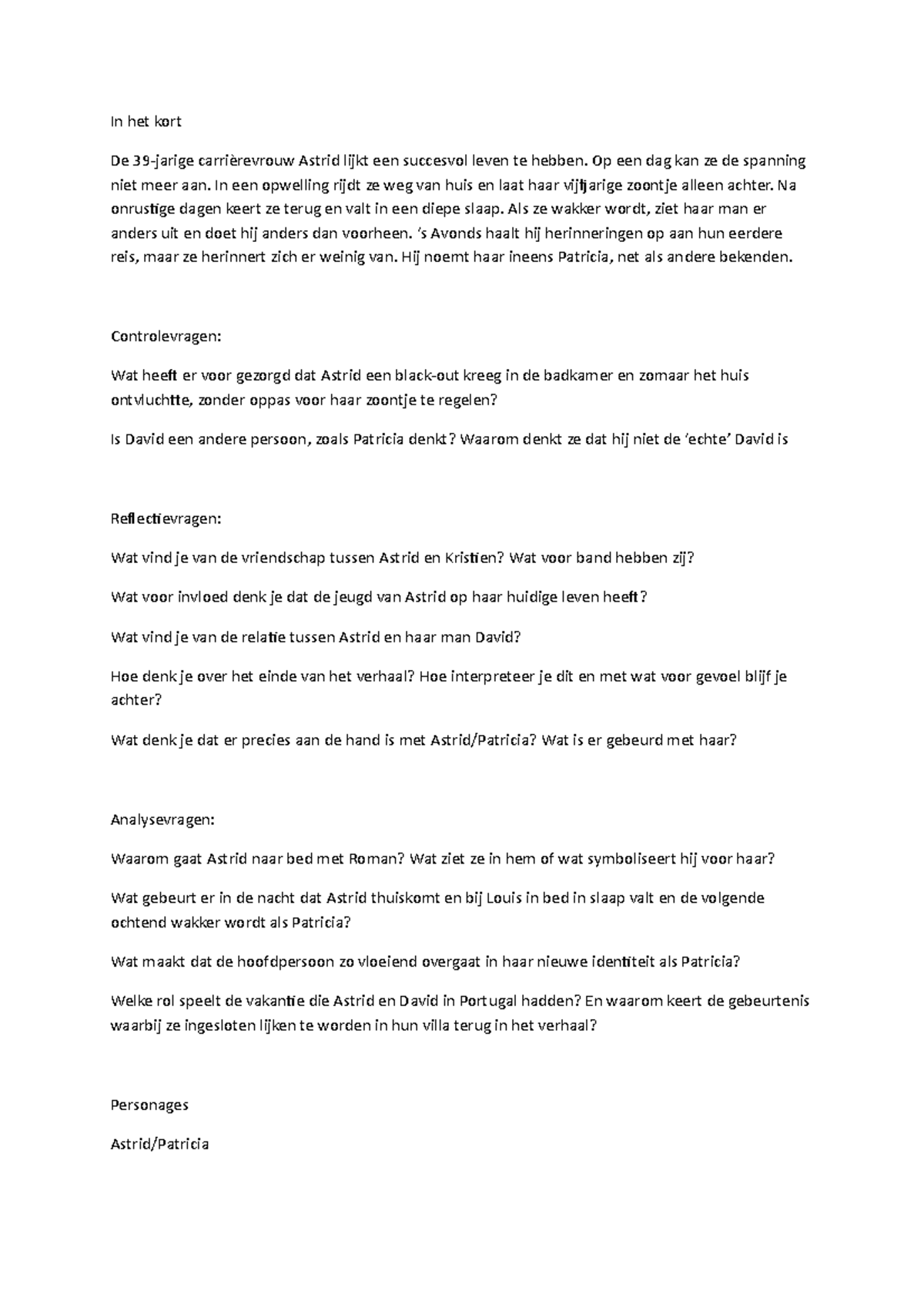 Boekverslag 'Patricia' - Analyse en Reflectie op de Personages - Studeersnel