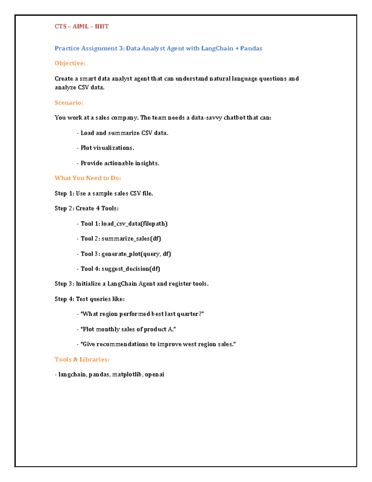 CTS AIML IIHT Assignment 3: Data Analyst Agent with LangChain - Studocu