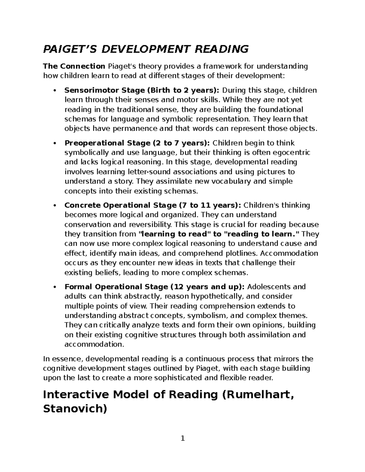 Theories of Developmental Reading: Understanding Learning Stages and Models - Studocu