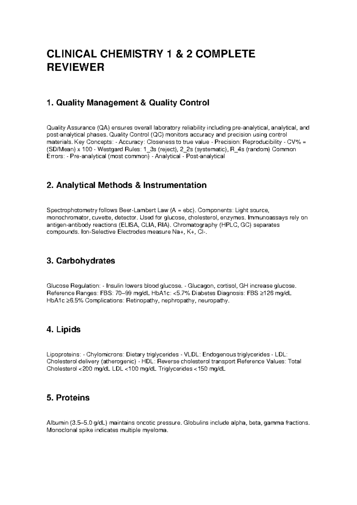 CLINICAL CHEMISTRY 1 2 FINAL REVIEW: QA, QC, & Key Concepts - Studocu