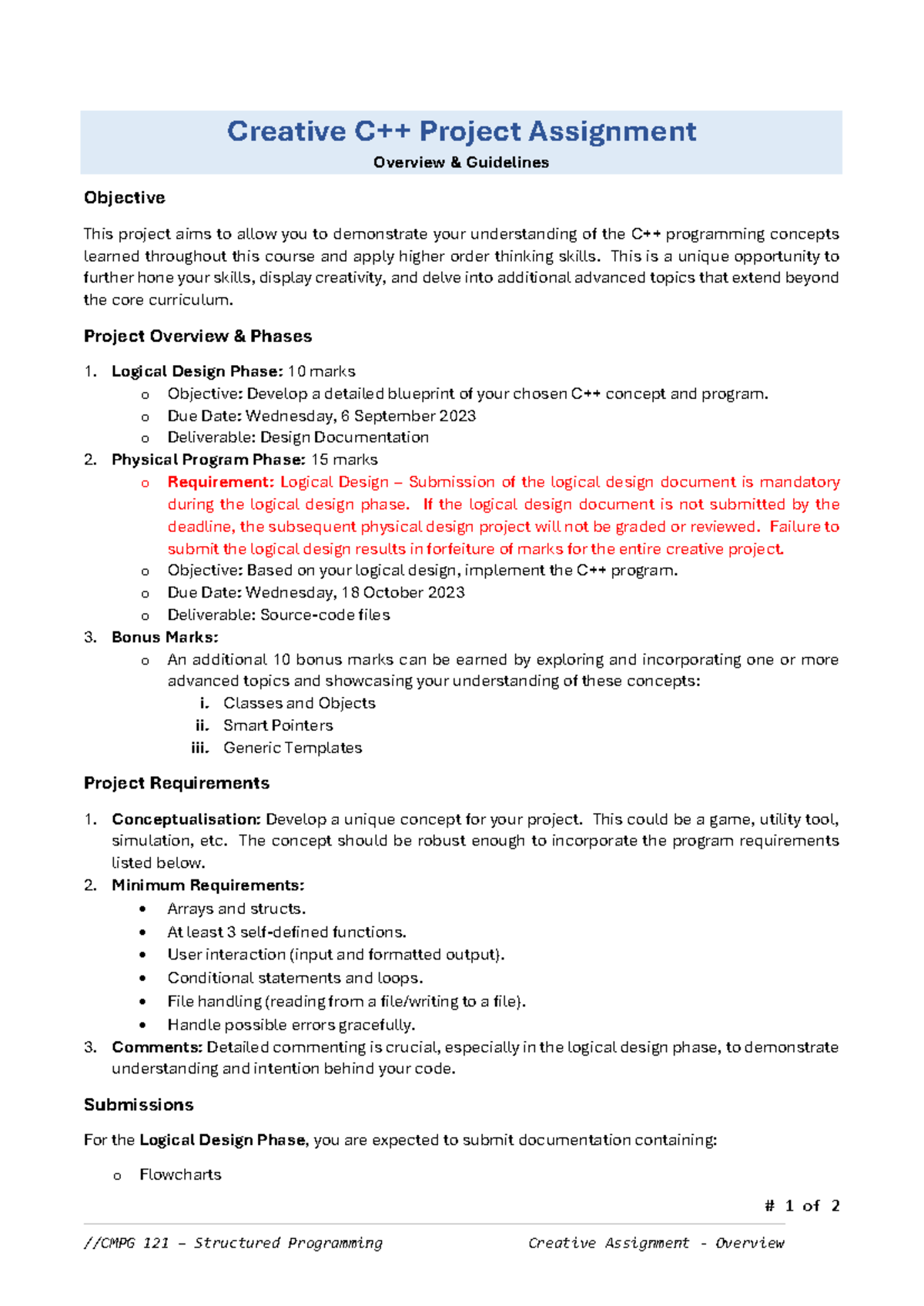 CMPG 121 - Creative Assignment Overview-and-Guidelines 1 -1 - 1 of 2 //CMPG 121 – Structured ...