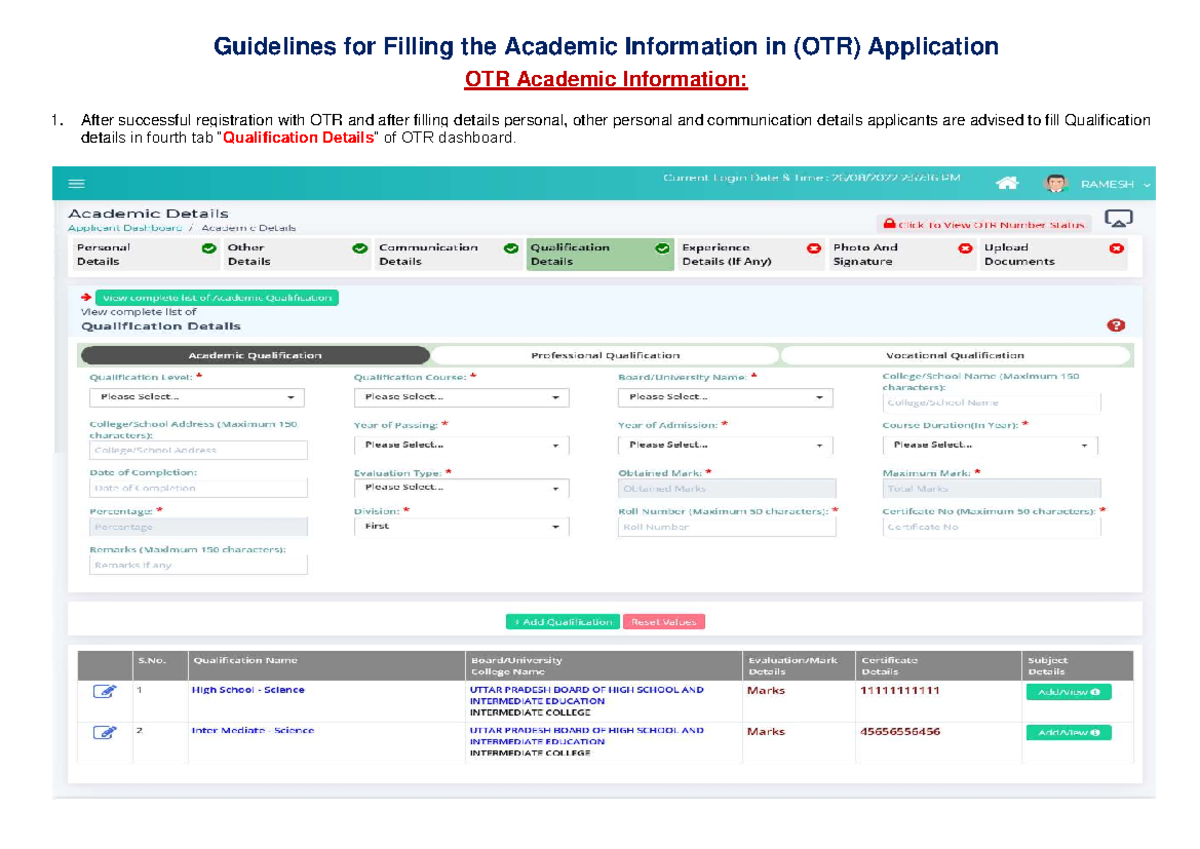 Guidelines for Filling Qualification Details in OTR Application - Studocu