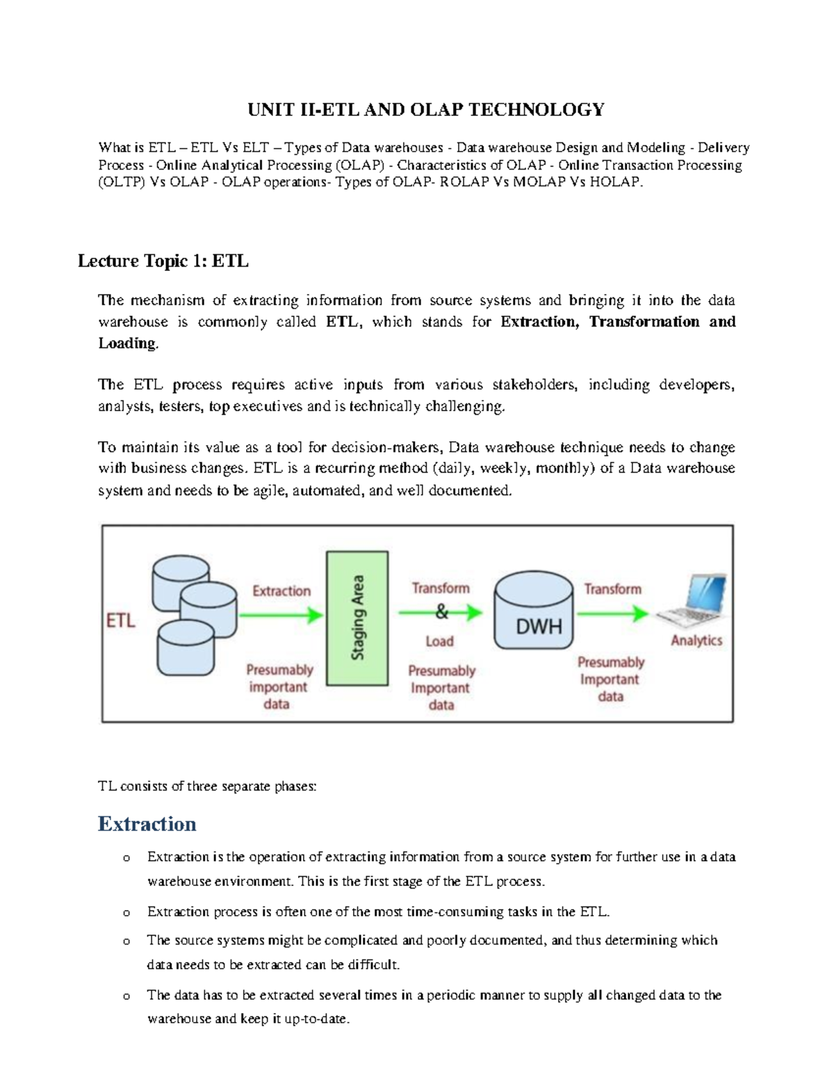 DW Lecture UNIT 2: ETL, OLAP, and Data Warehouse Modeling - Studocu