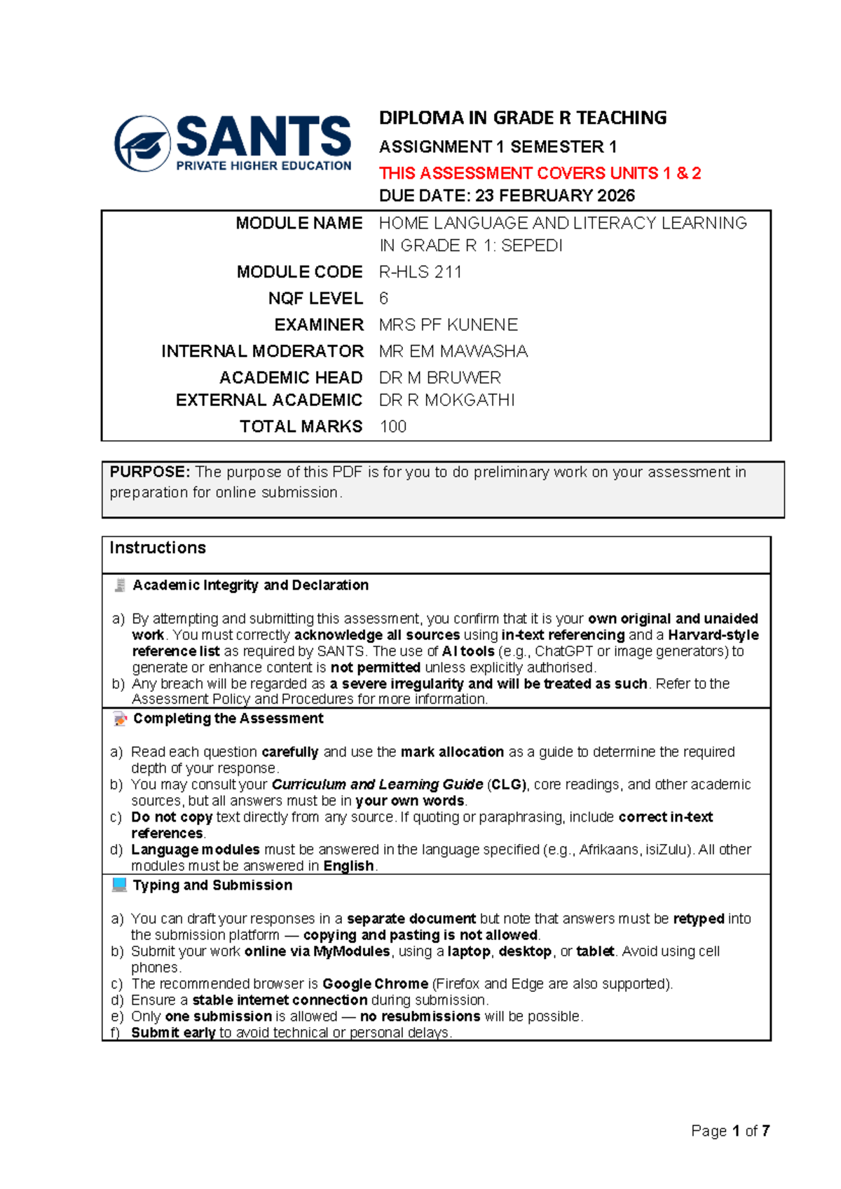 DIPLOMA IN GRADE R TEACHING ASSIGNMENT 1: HOME LANGUAGE & LITERACY (211 ...