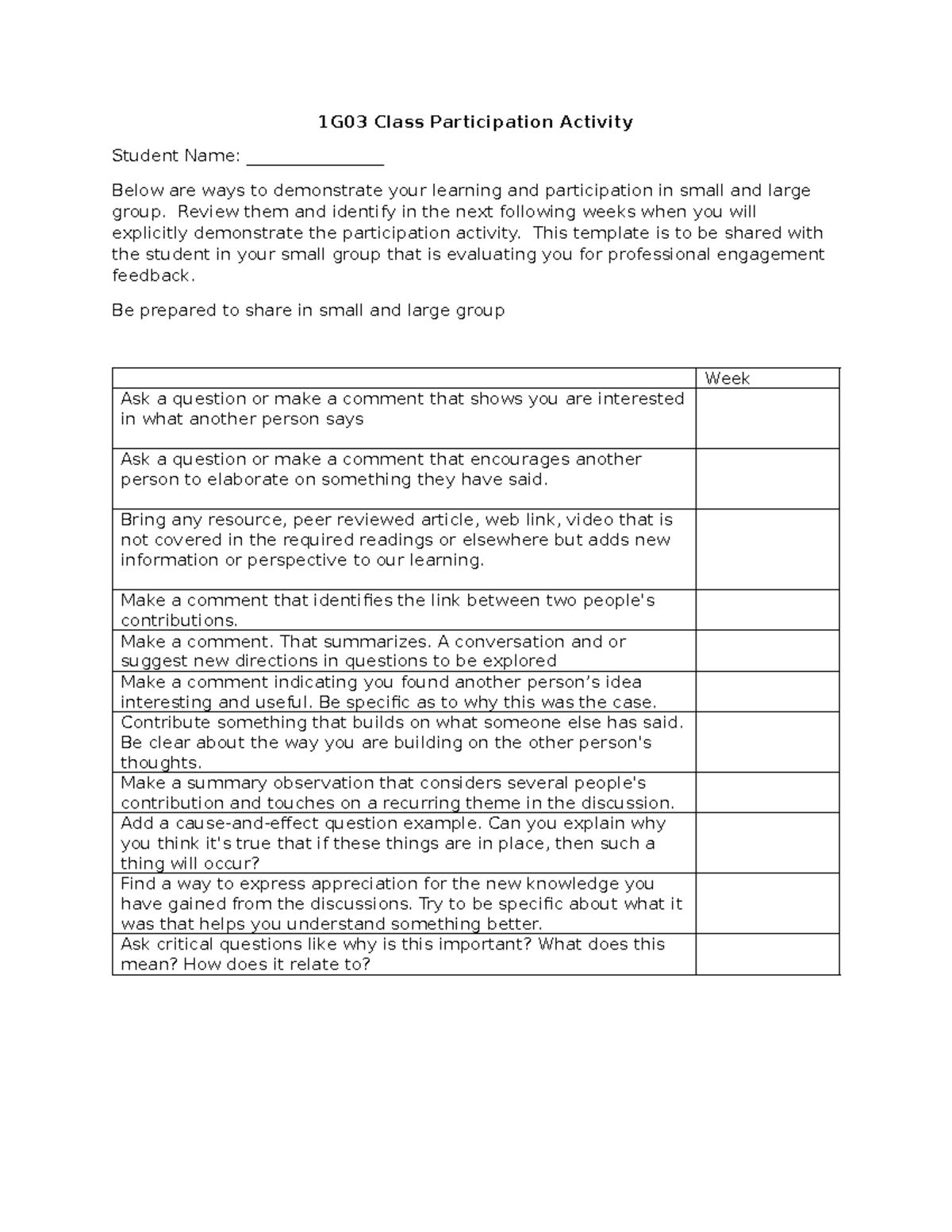 1G03 Class Participation Activity: Engaging in Group Discussions - Studocu