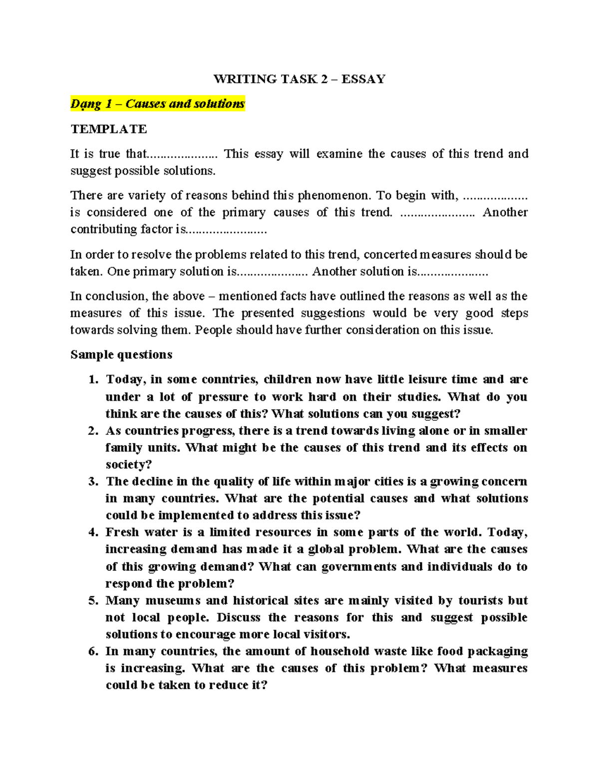Writing Task 2 - Essay Notes - TA CĐR: Causes/Solutions & Pros/Cons ...