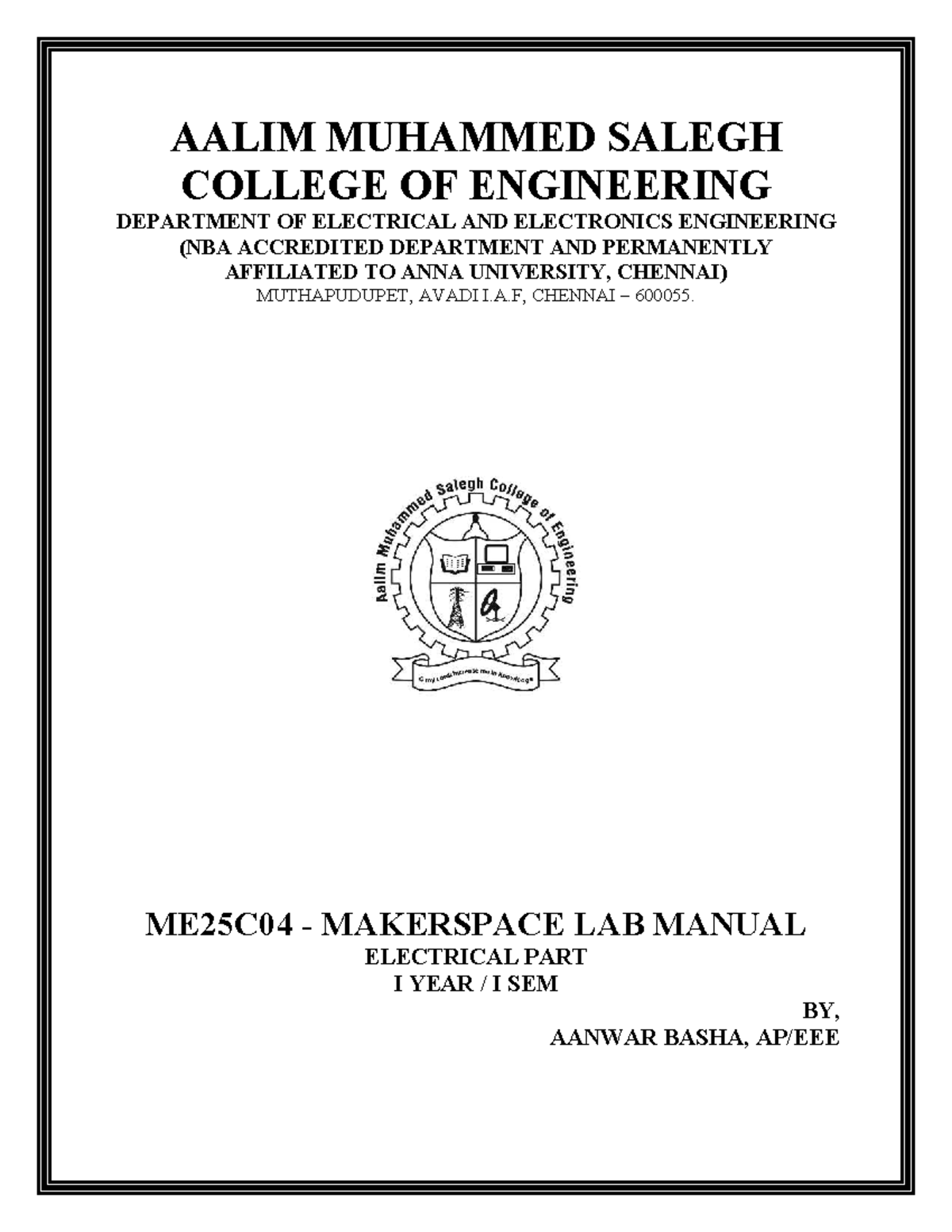 ME25C04 Makerspace Lab Manual: Electrical Installations & Safety ...