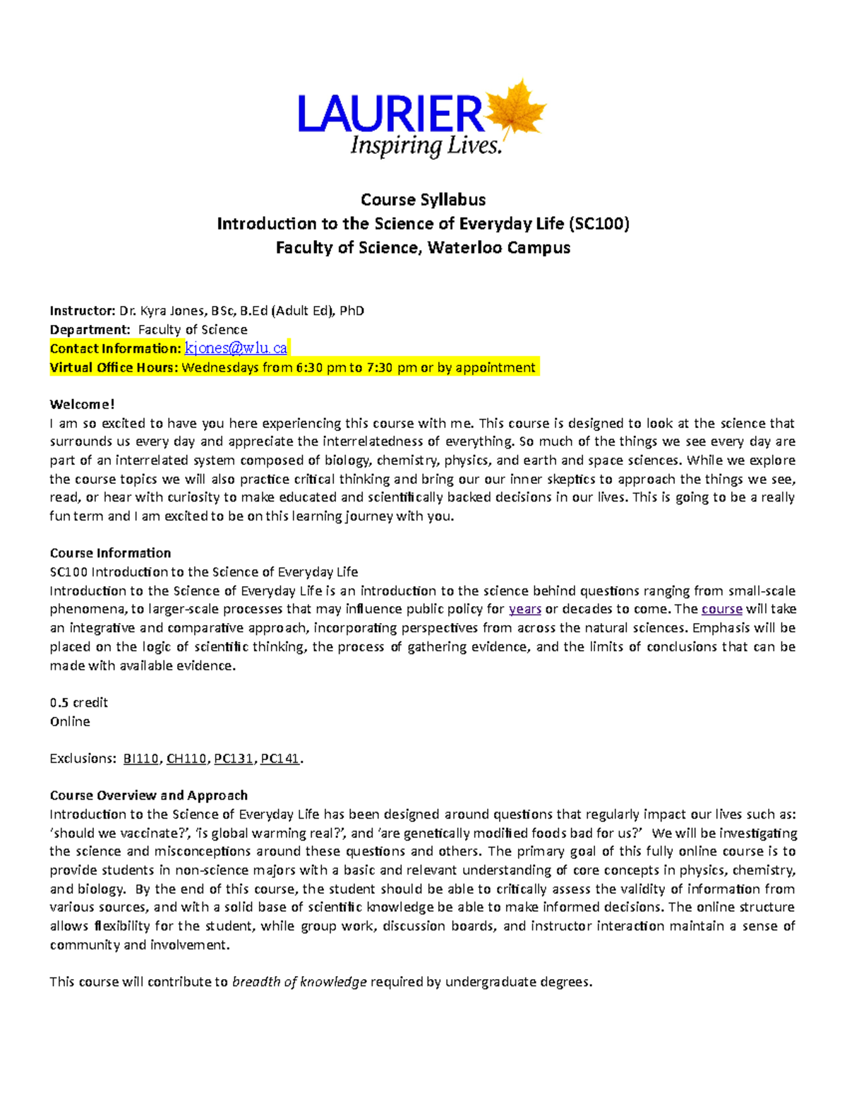 SC100 Syllabus: Introduction to the Science of Everyday Life Course ...