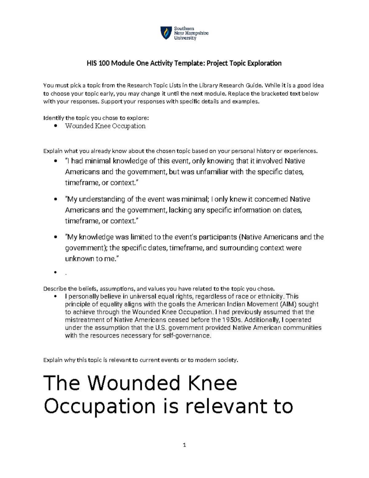 HIS 100 Module One Activity: Exploring Wounded Knee Occupation - Studocu