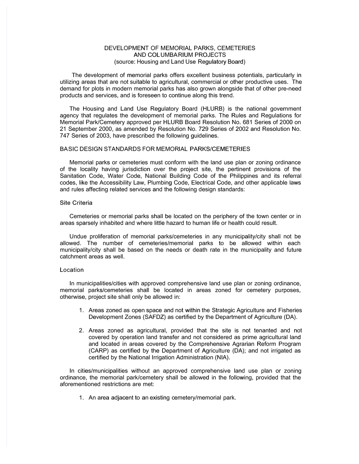 DEVELOPMENT OF MEMORIAL PARKS & COLUMBARIUM PROJECTS (HLURB) - Studocu