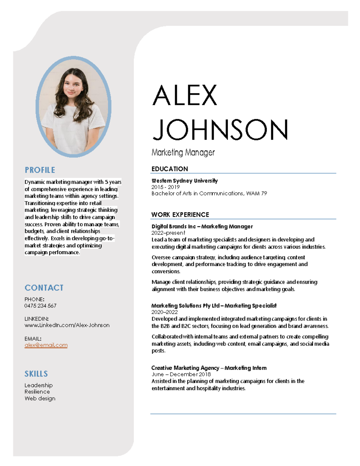 Final CV - ALEX JOHNSON Marketing Manager PROFILE Dynamic marketing ...
