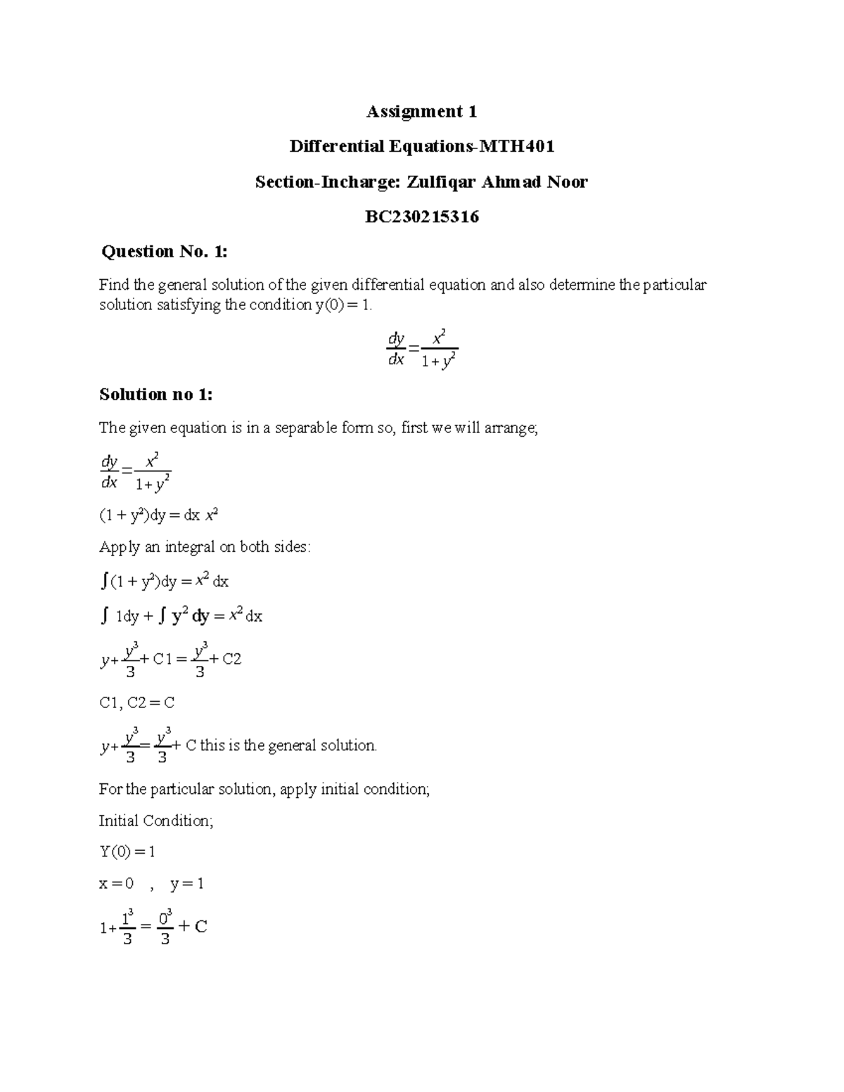Assignment 1: Differential Equations Solutions and Analysis BC230215316 - Studocu
