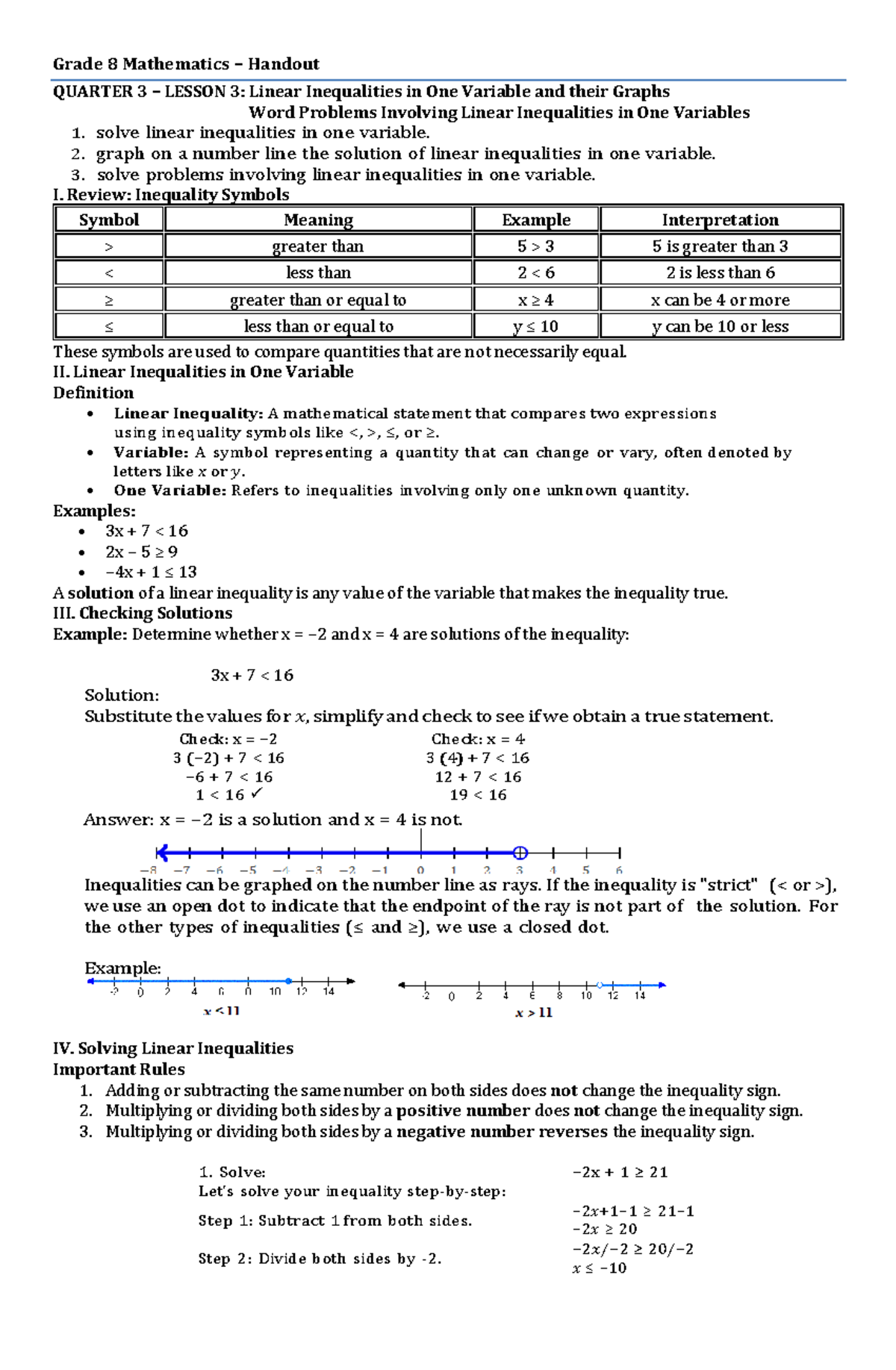 Grade 8 Math Q3 Lesson 3: Linear Inequalities & Graphing - Studocu