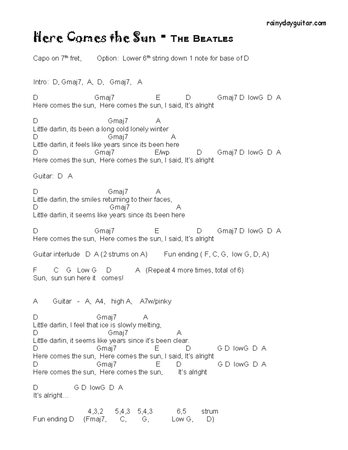 Here Comes the Sun (The Beatles) - Guitar Chords & Capo Info - Studocu