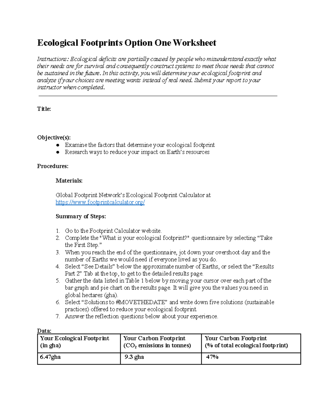 Ecological Footprint Worksheet (Option 1) and Analysis Guide - Studocu