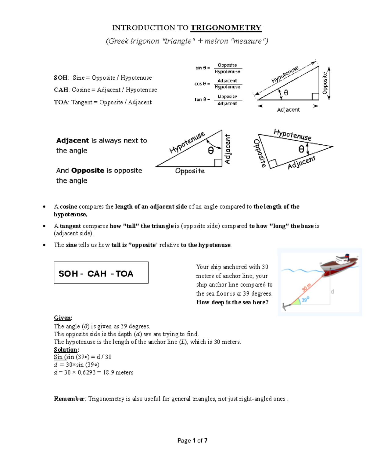 CAVA Introduction to trigonometry March 18 2025 - Y Your ship anchored ...