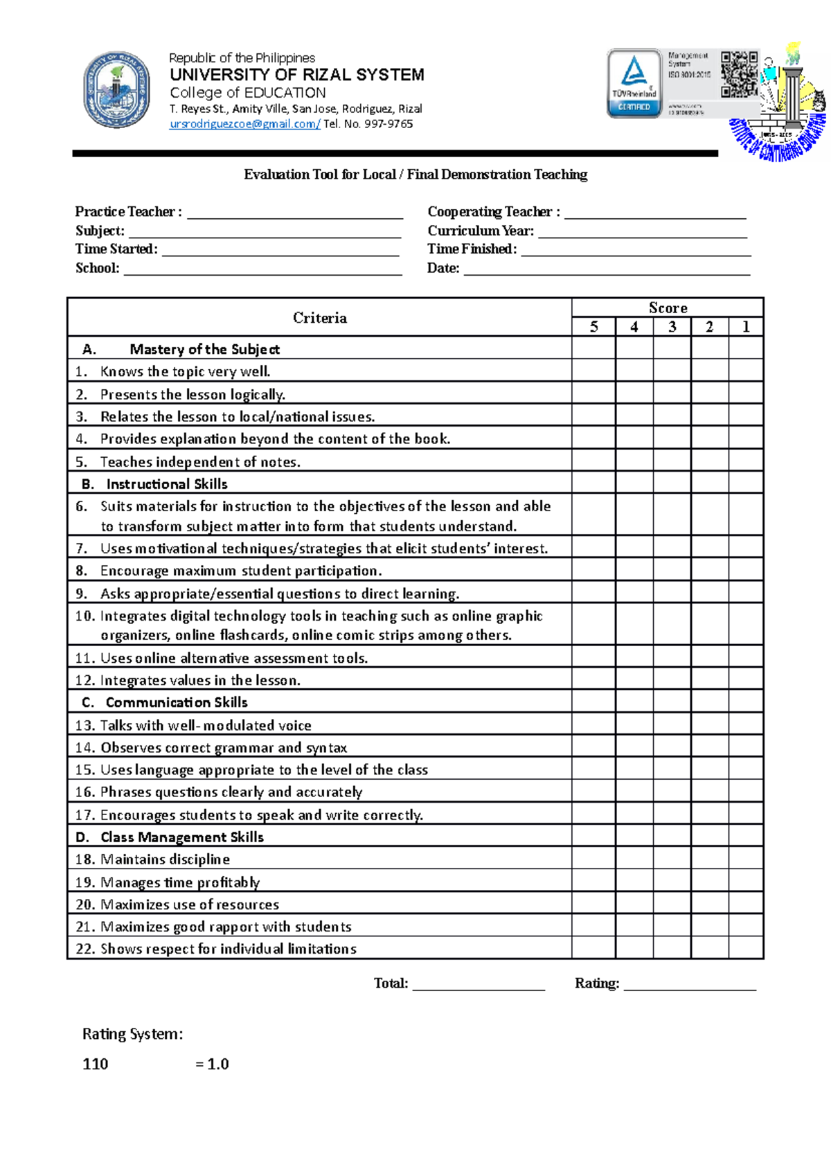 Evaluation Tool for Local - Republic of the Philippines UNIVERSITY OF ...