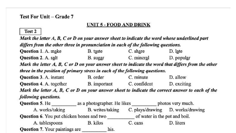 UNIT 5 - TEST 2: FOOD AND DRINK (Grade 7) - Studocu