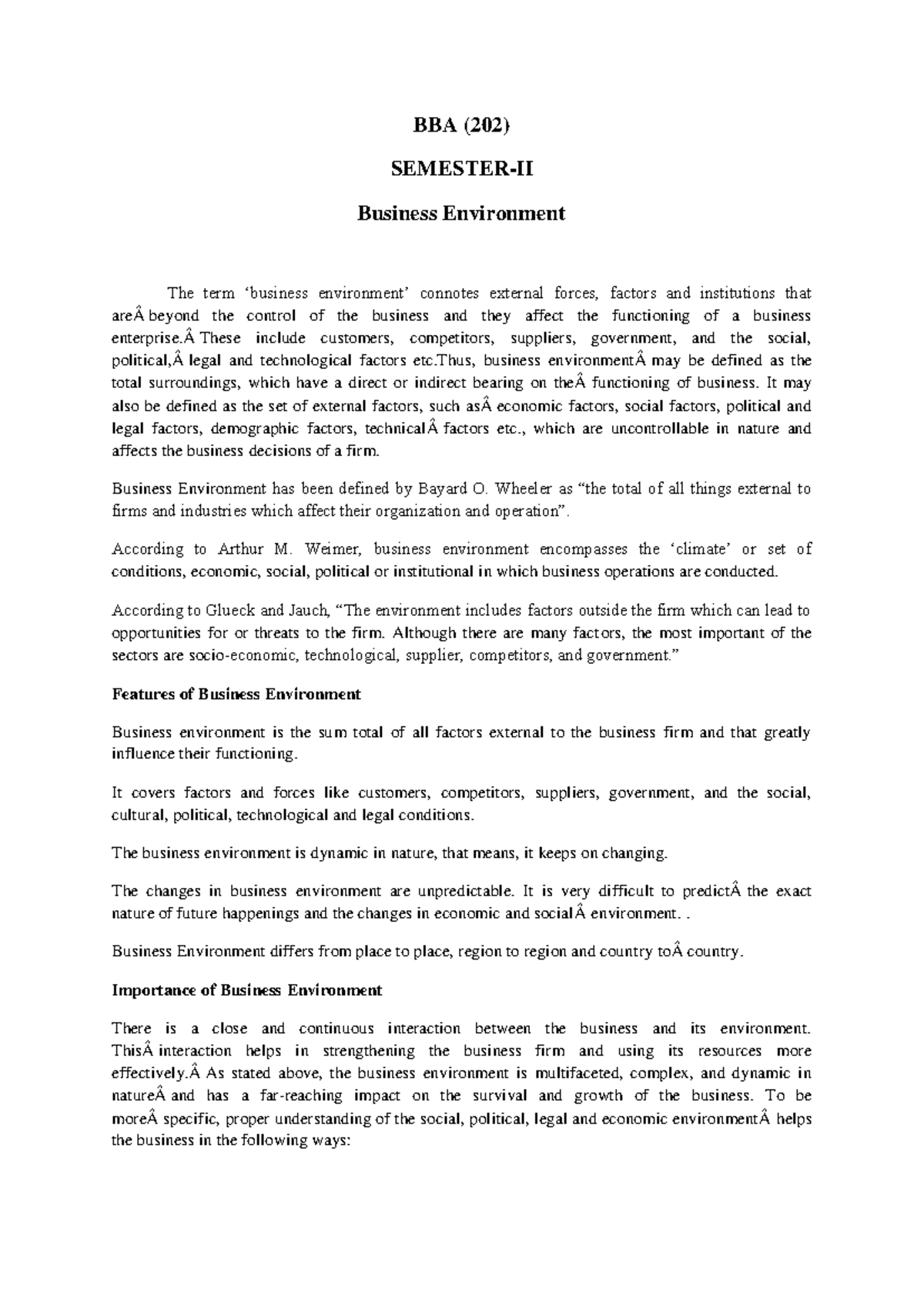 Business Environment Overview (BBA-II) Unit I & II Notes - Studocu