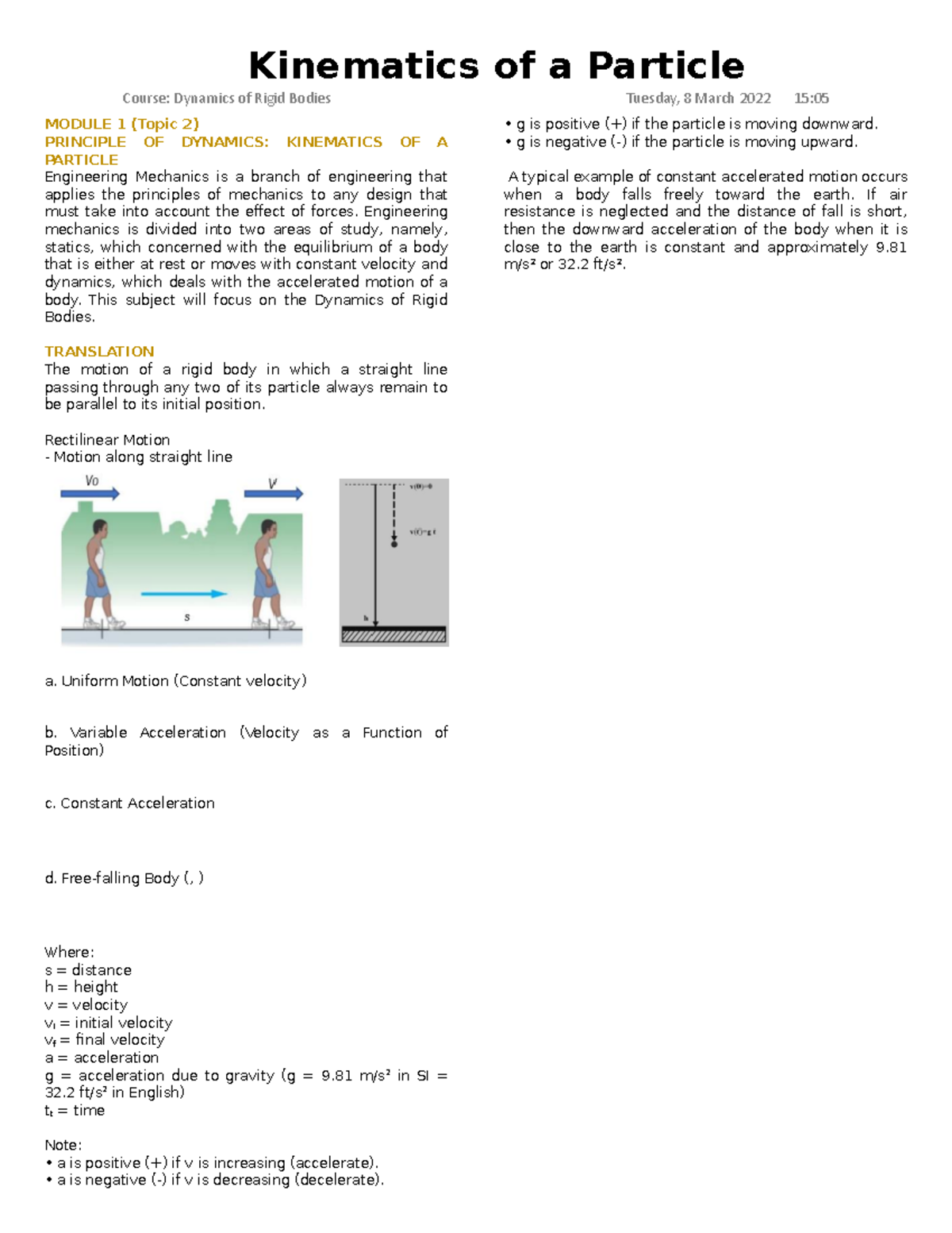 2-kinematics of a particle [dynamics] - Kinematics of a Particle Course: Dynamics of Rigid ...