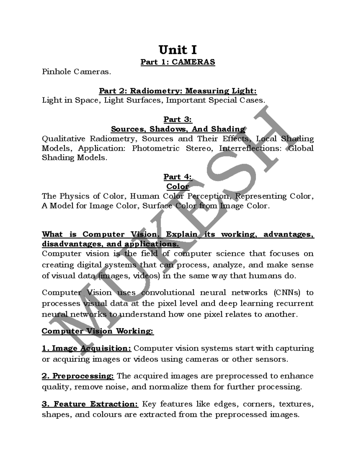 Unit 1: Computer Vision Notes - Cameras, Radiometry, and Applications ...