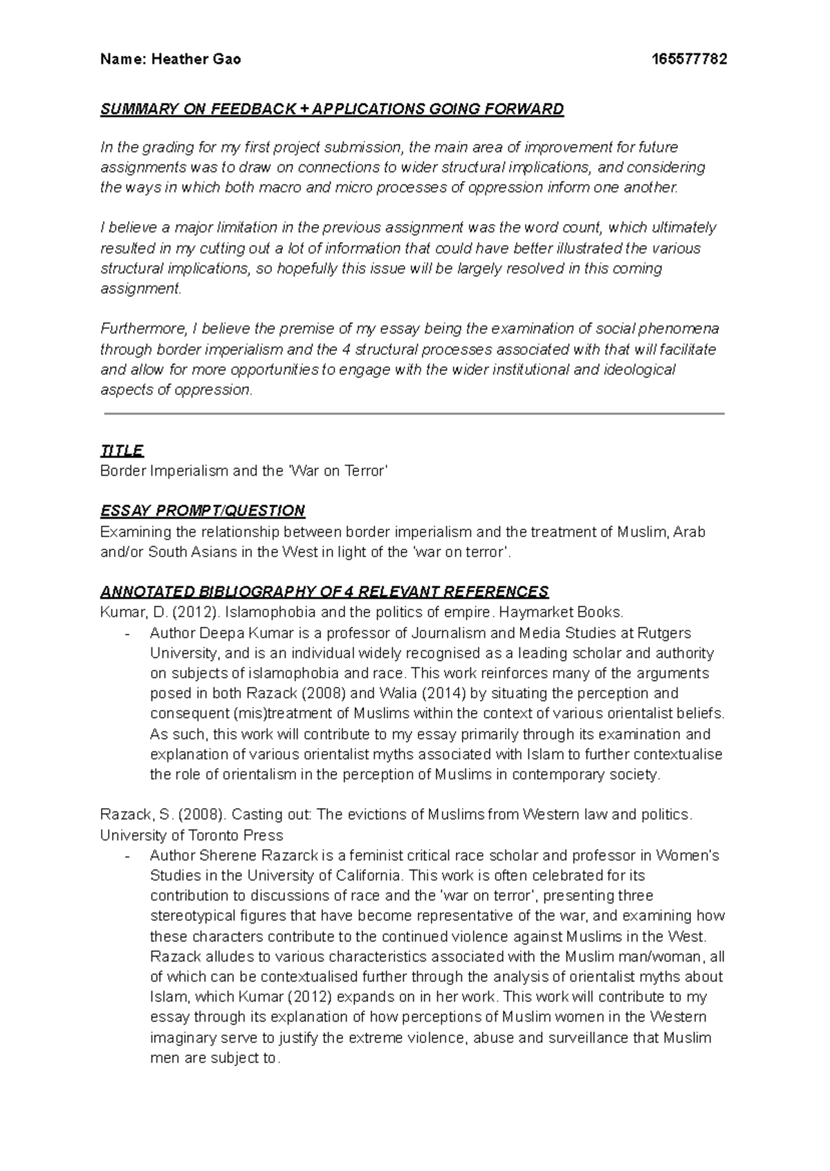 Sociol 101G Research Essay Proposal: Border Imperialism & Terror - Studocu