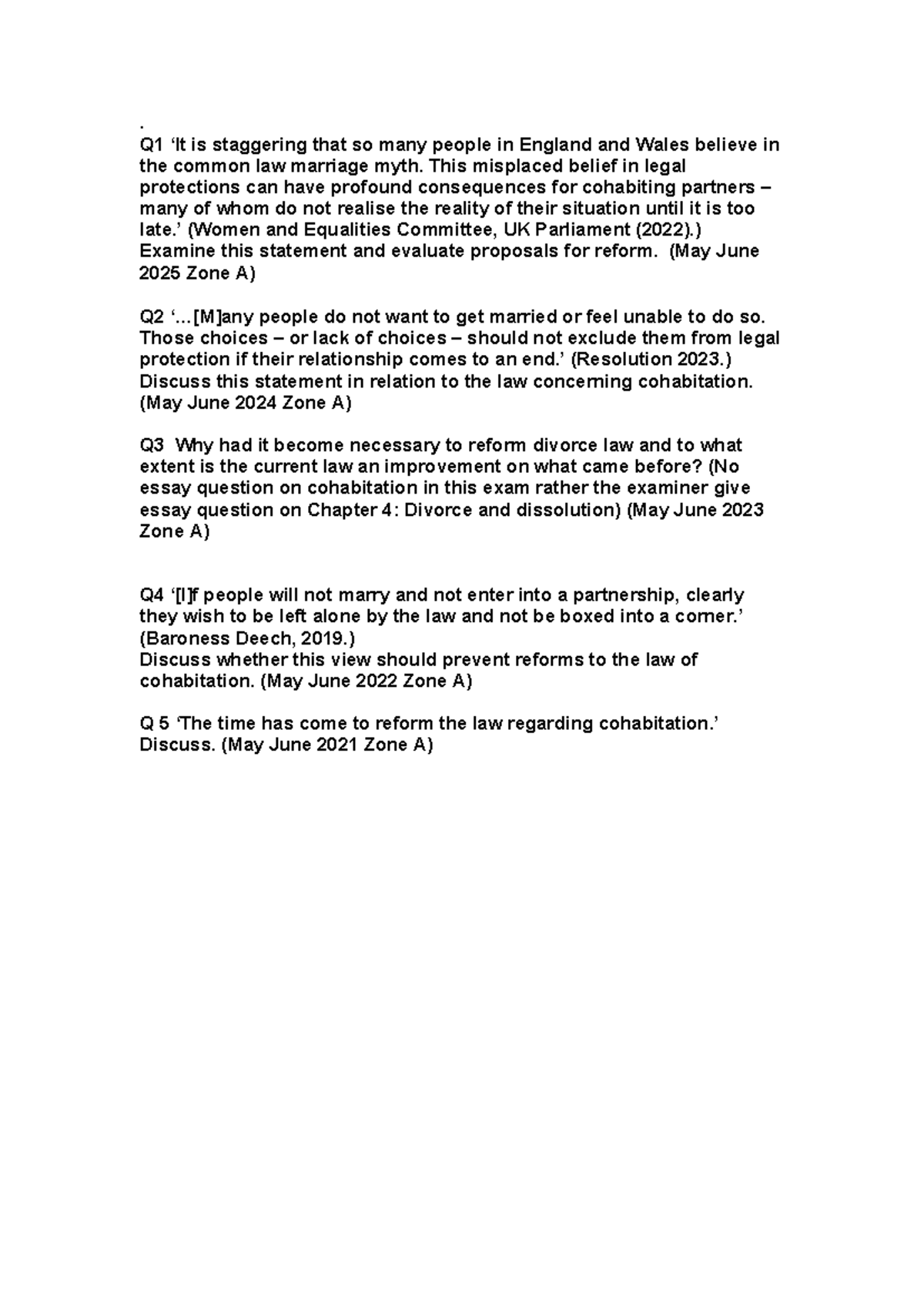 Cohabitation Law Reform: Past Paper Questions (May-June Zone A) - Studocu