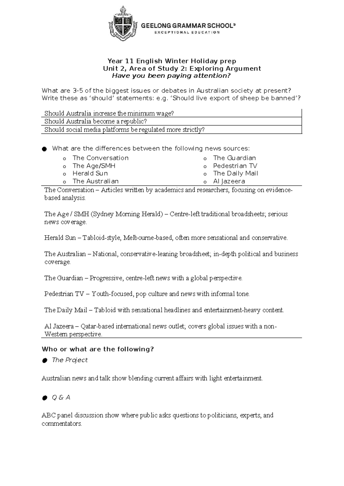 Year 11 English Winter Holiday Prep: Exploring Argument Issues - Studocu
