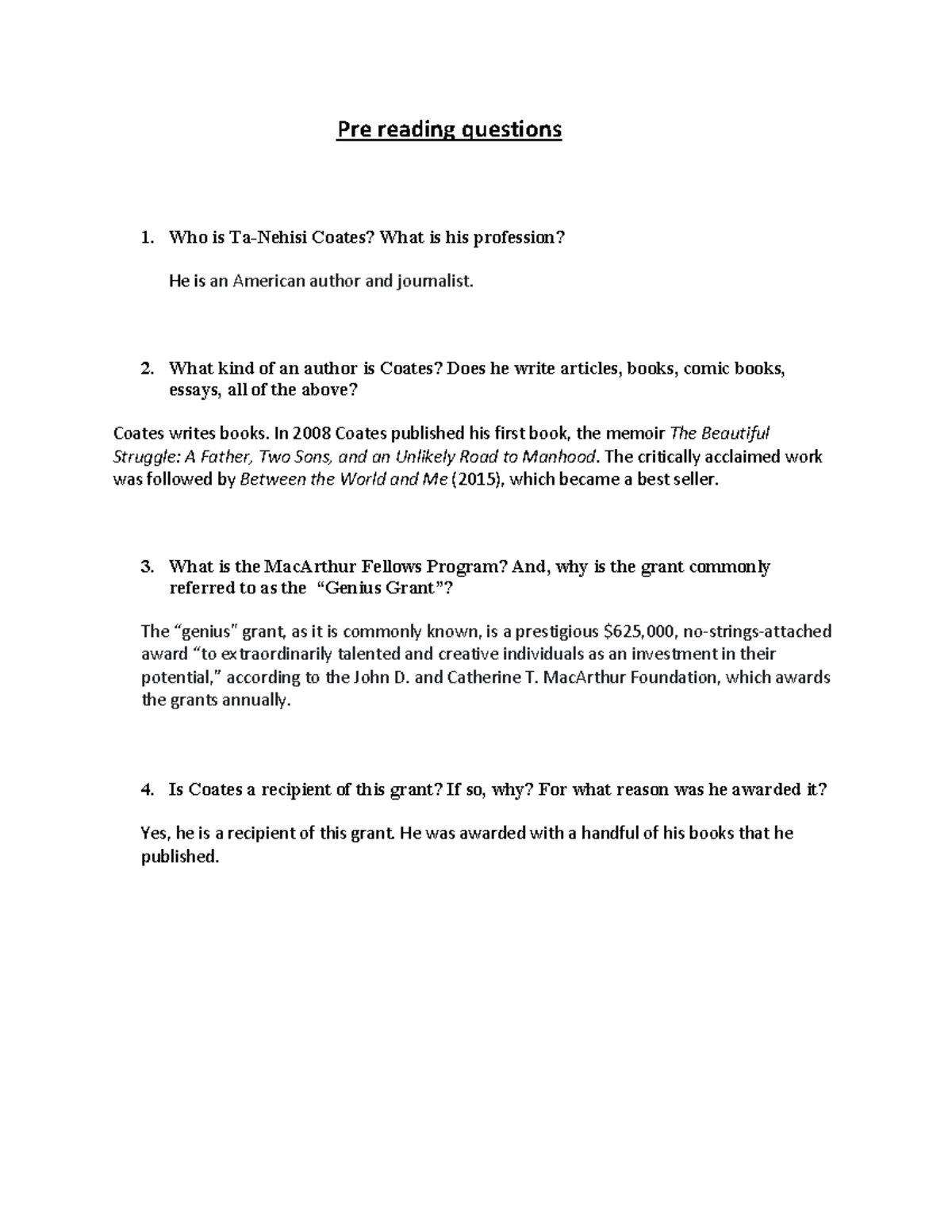 Pre-Reading Questions for Essay 4: Ta-Nehisi Coates and His Impact ...