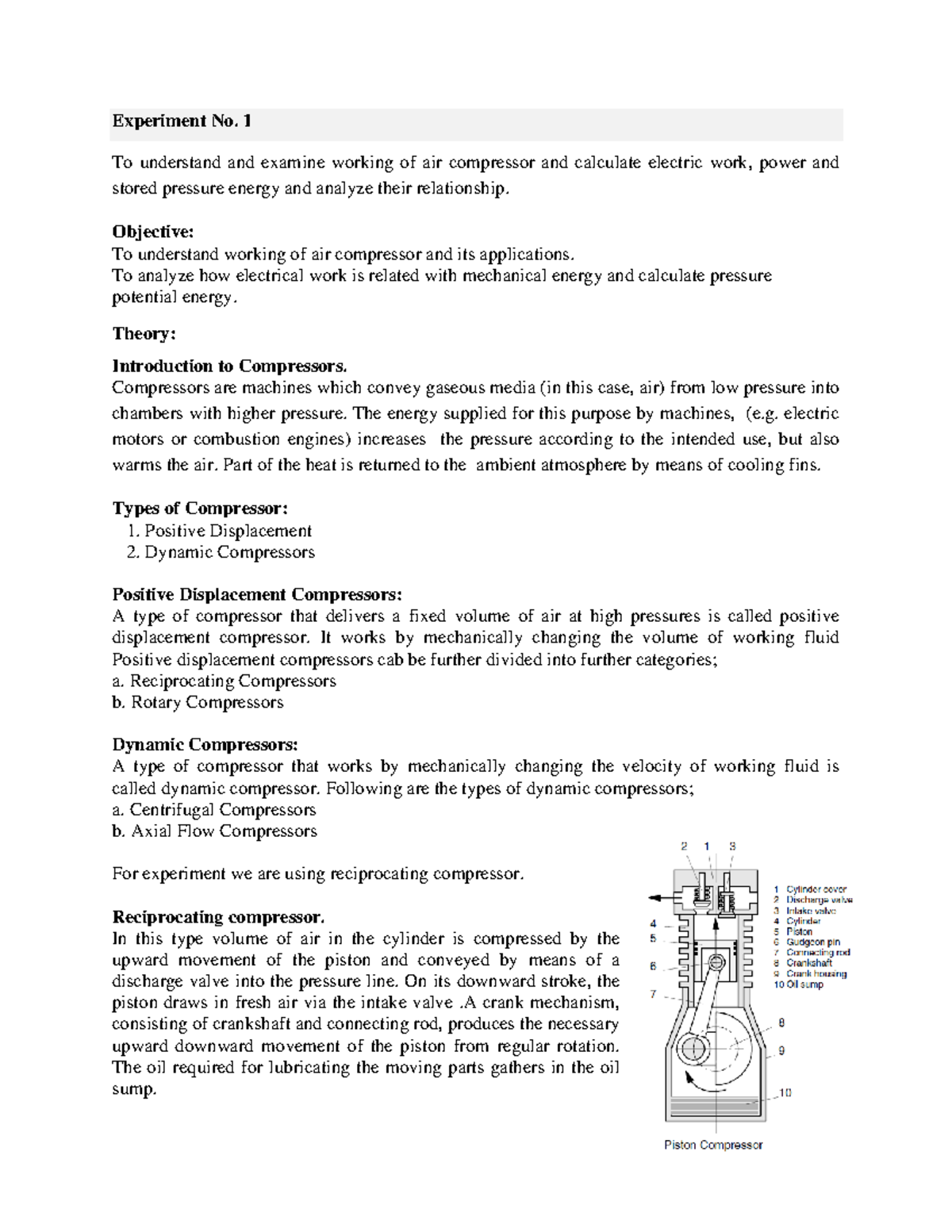 Experiment No 1 - 1 To understand and examine working of air compressor ...