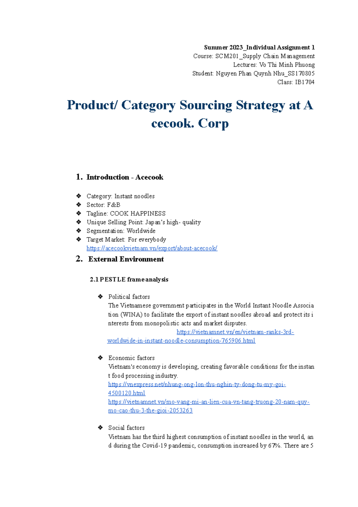 SCM INDI Outlines - outline - Summer 2023_Individual Assignment 1 Course: SCM201_Supply Chain ...