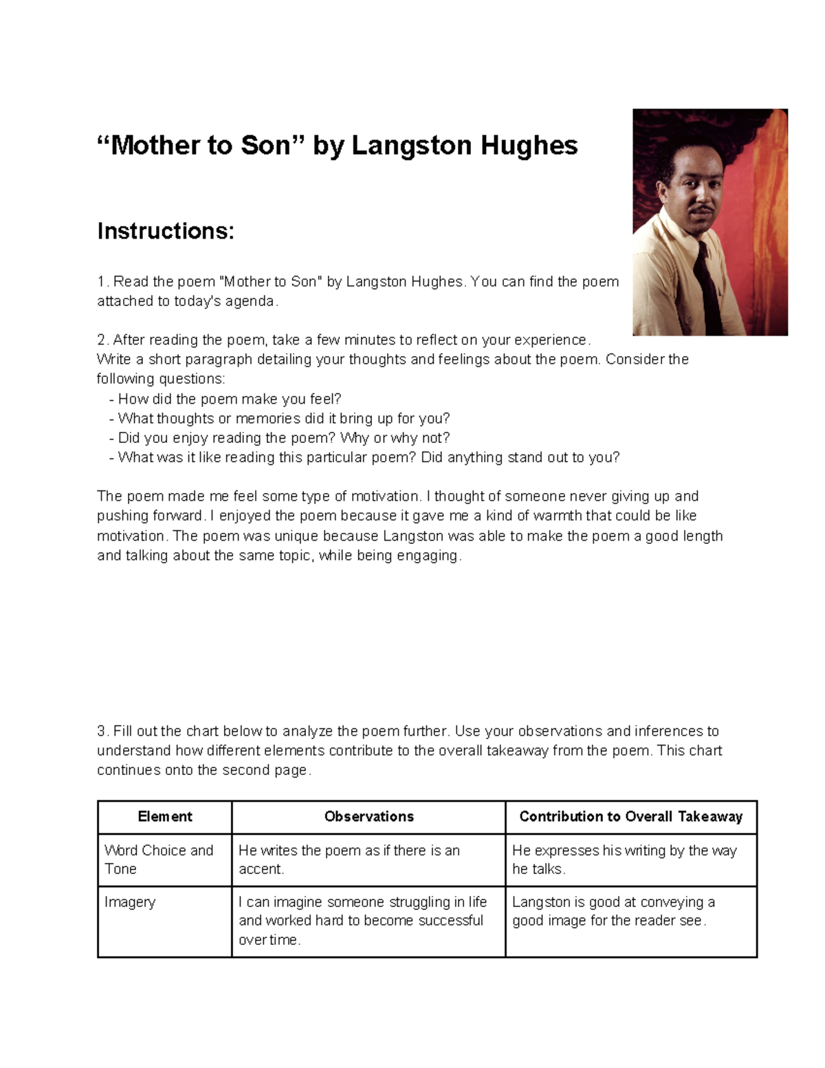 Poetry Experience Worksheet - “Mother to Son” by Langston Hughes ...