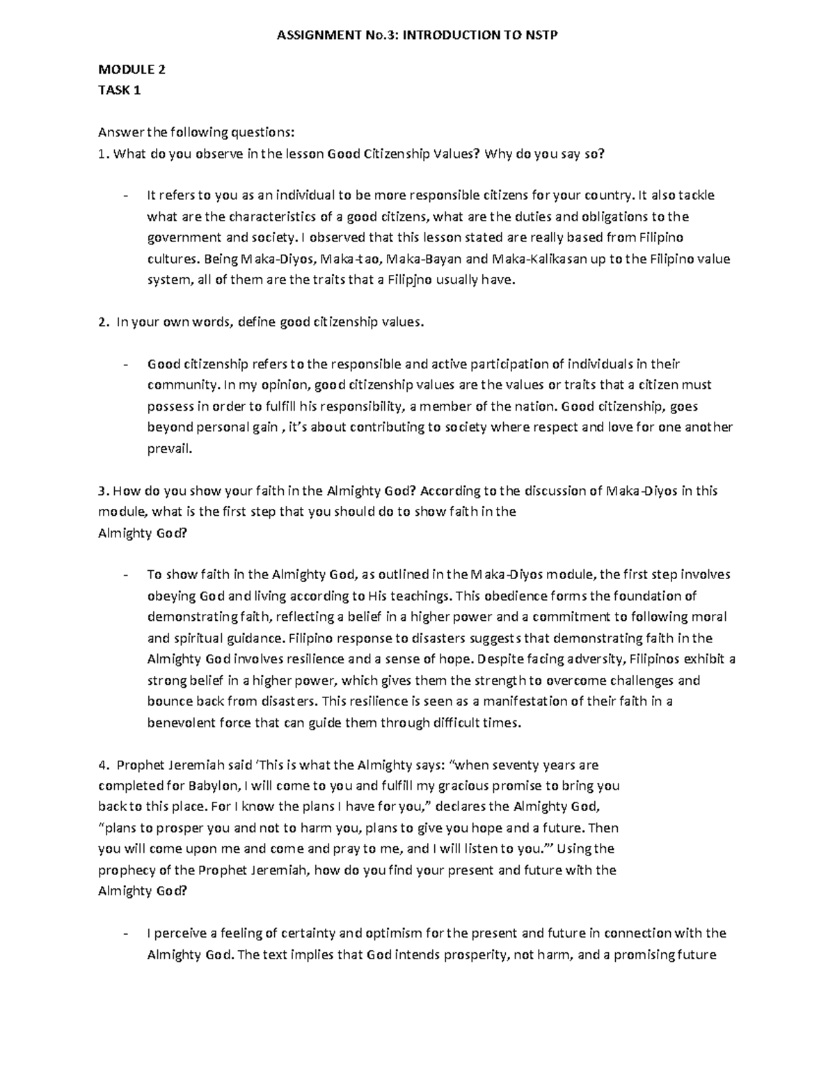 Assignment No.3 NSTP - NSTP - ASSIGNMENT No: INTRODUCTION TO NSTP ...