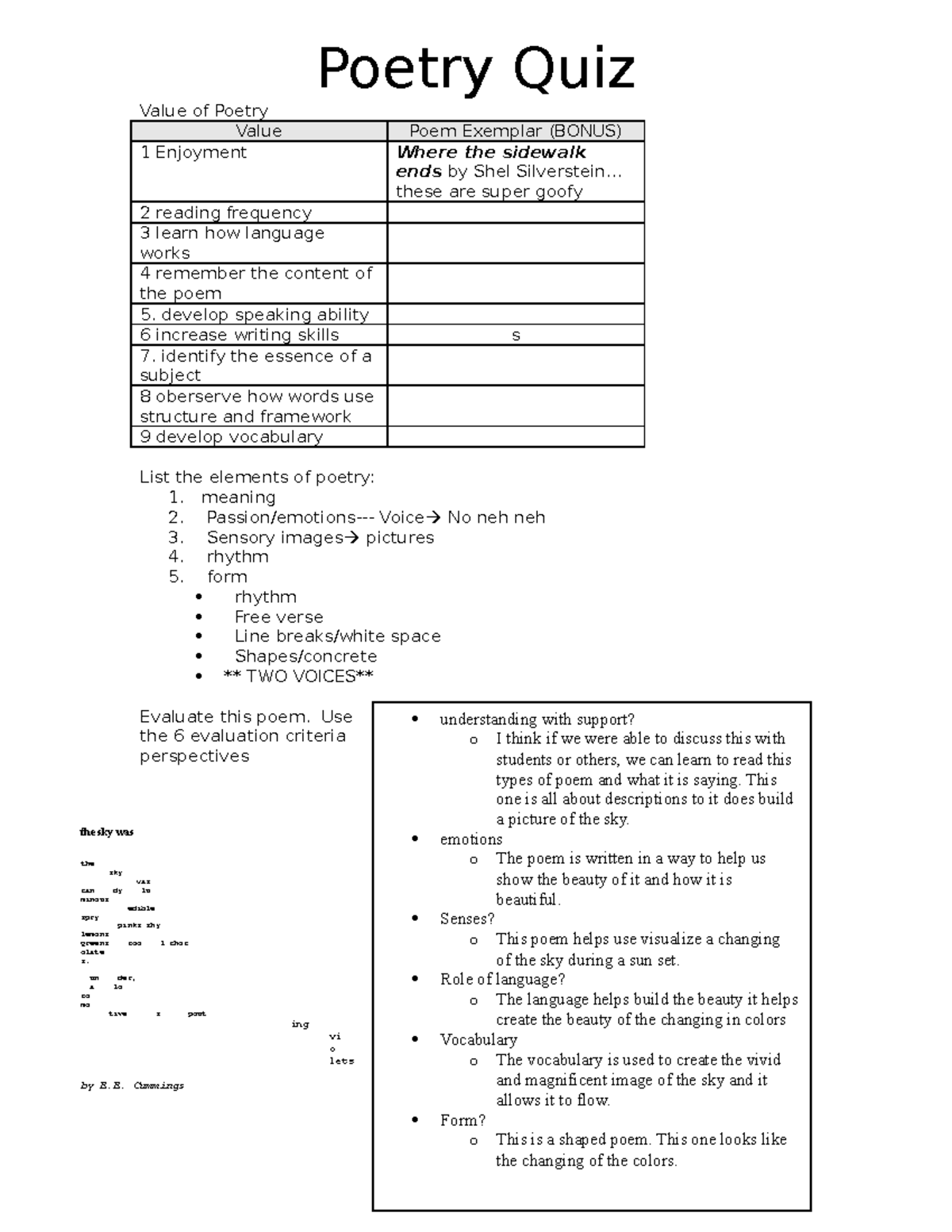 Poetry Quiz- Values, criteria - Poetry Quiz Value of Poetry Value Poem ...